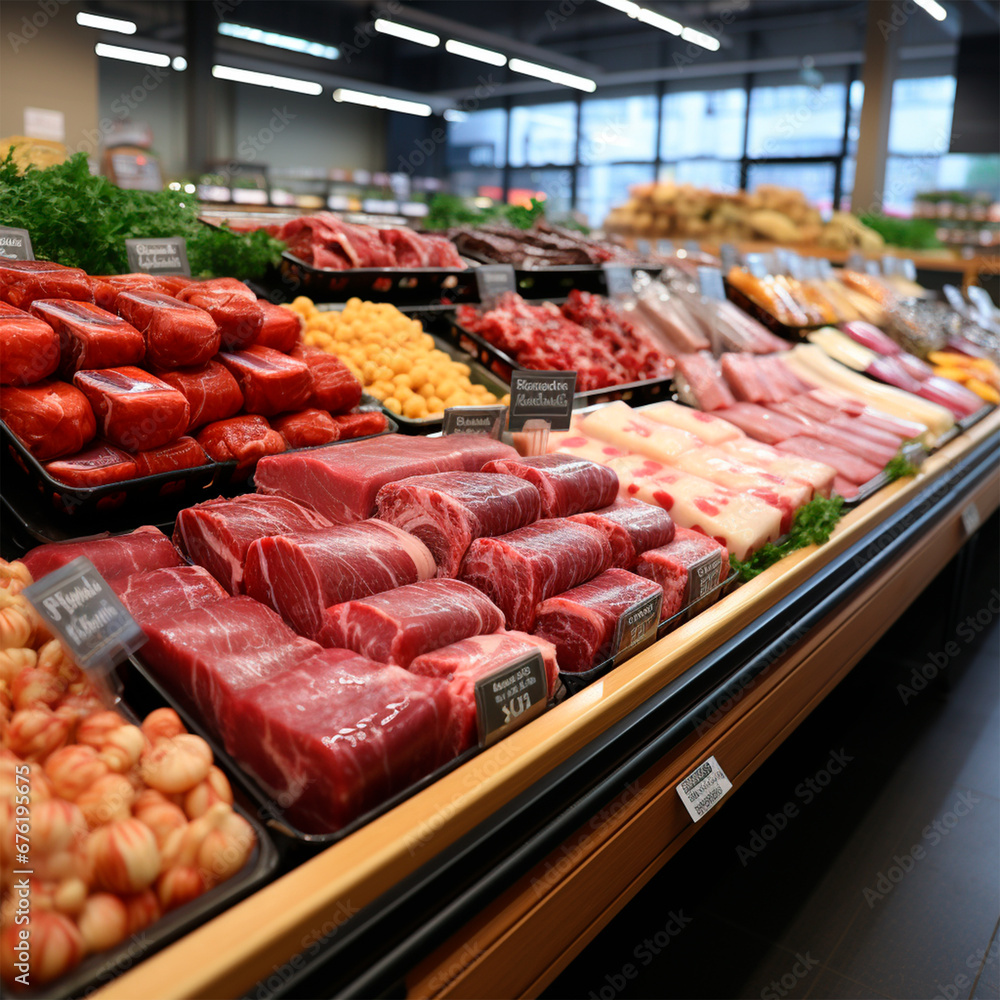 Fresh meat products, beef, pork in the refrigerator on display in a ...