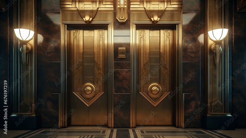 Dramatic golden elevators in fancy urban skyscraper building with ...