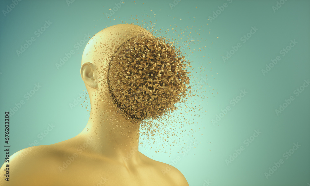 Abstract human head with dispersion effect on face. Overthinking and ...