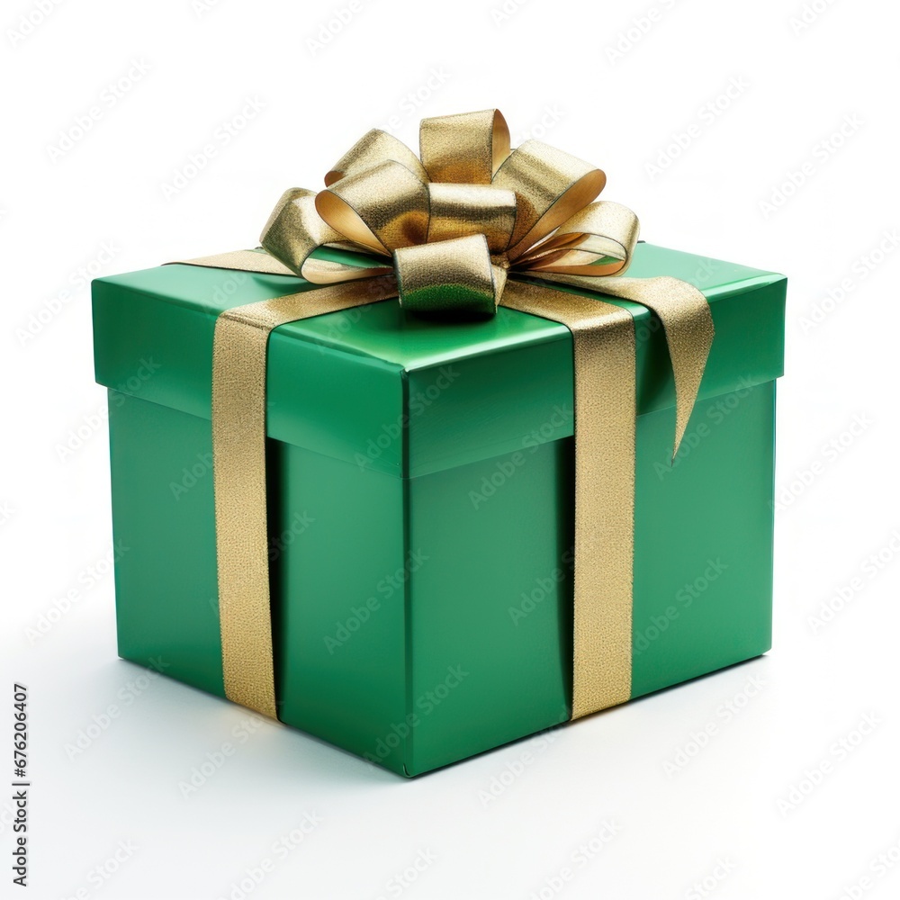 Green christmas gift box with gold ribbon isolated on a white ...