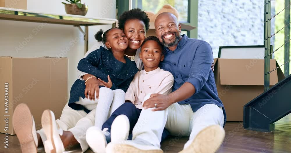 Family, boxes and smile for new home on floor with relocation to ...