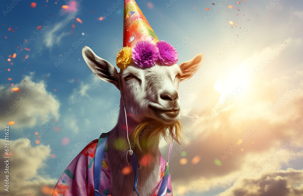 Funny goat with party hat and colorful confetti on sky background ...