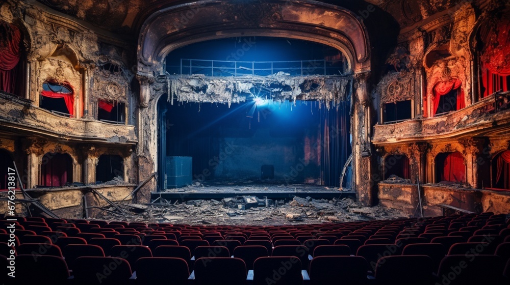 a haunting, derelict theater with torn posters, crumbling balconies ...