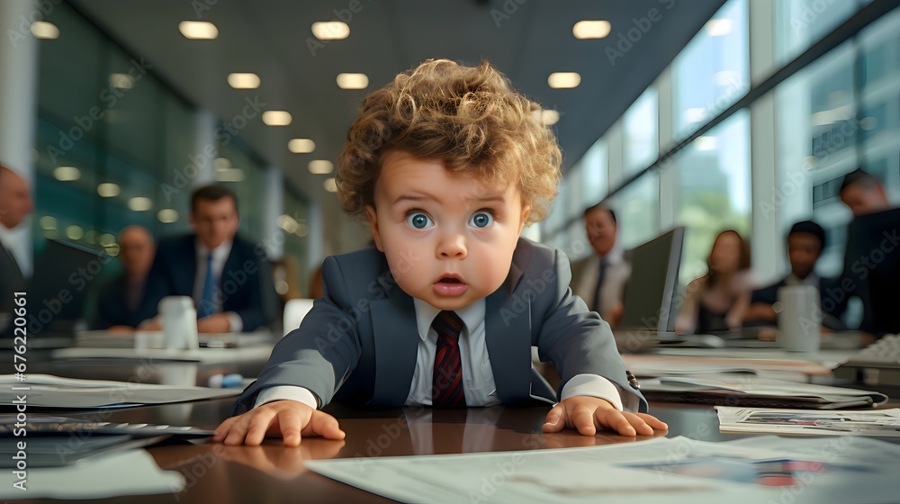 Baby Businessman in suit crawling on office desk Stock Photo | Adobe Stock