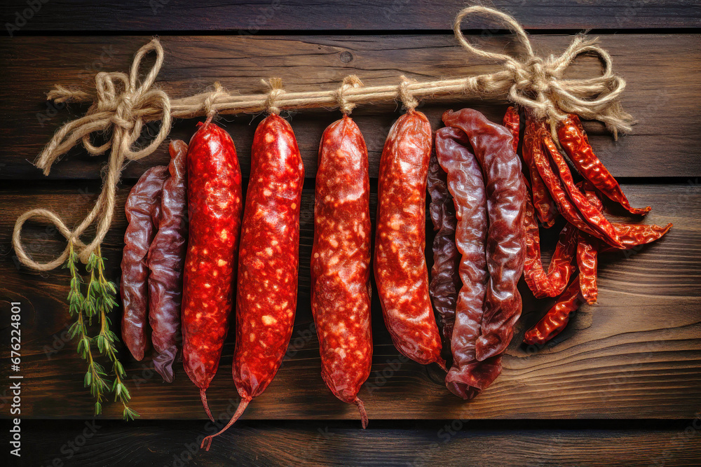 Various types of sausages hanging from a rack. Dried sausage of various ...