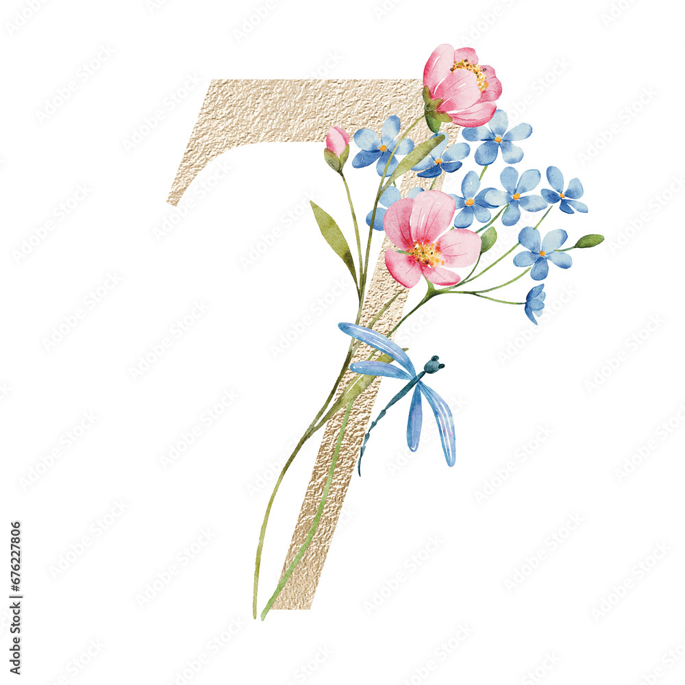 Number 7, seven with watercolor flowers hand painting. Perfectly for ...