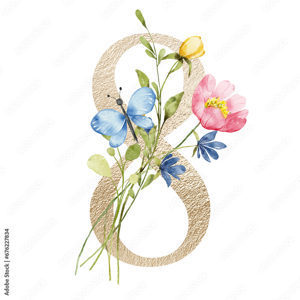 Number 8, eight with watercolor flowers hand painting. Perfectly for ...