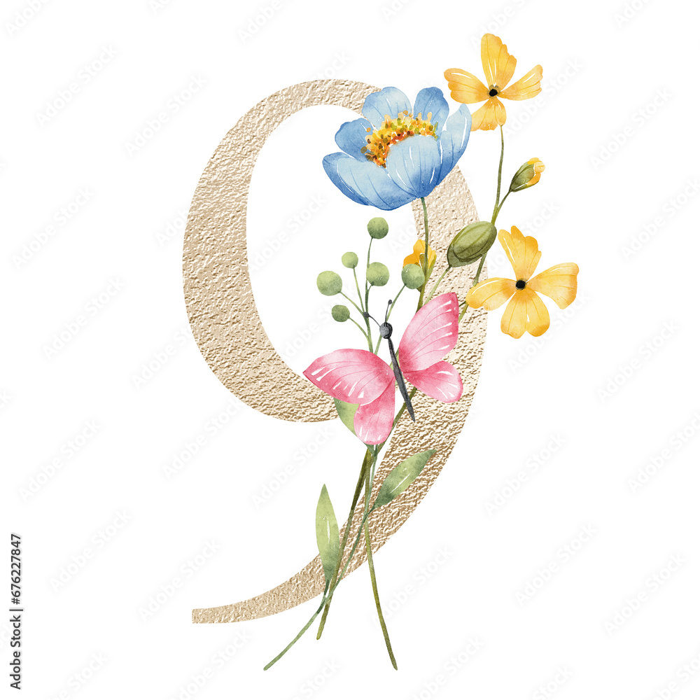 Number 9, nine with watercolor flowers hand painting. Perfectly for ...