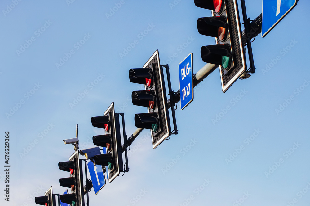 Red Traffic Light Background Big Intersection Stop Light Long Metal Pipe Simple Empty Copy
