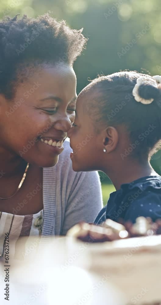 Mom, child and touch nose in outdoor, cake or birthday for celebration ...