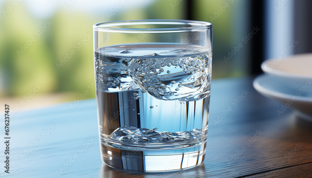 Ice cubes floating in a glass of water, with a focus on the bubbles and ...