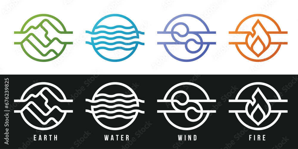 4 elements of nature symbols collection - earth, water, wind and fire ...