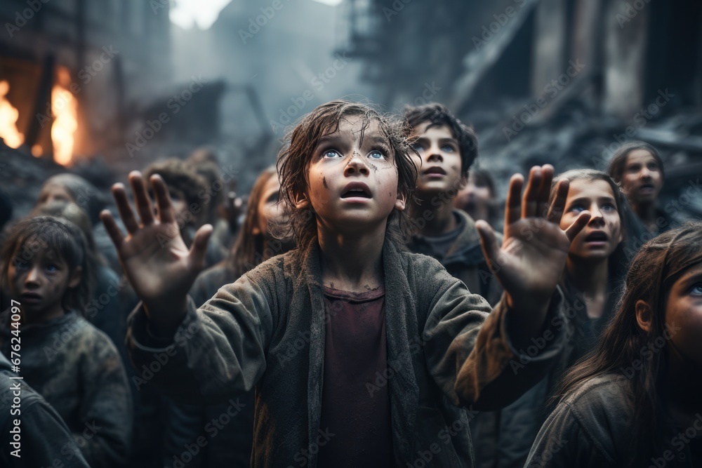 The crying faces of boys and girls raised their hands to pray to ...