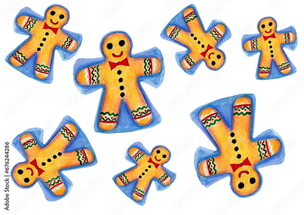 Set of gingerbread men of different sizes randomly arranged on white ...