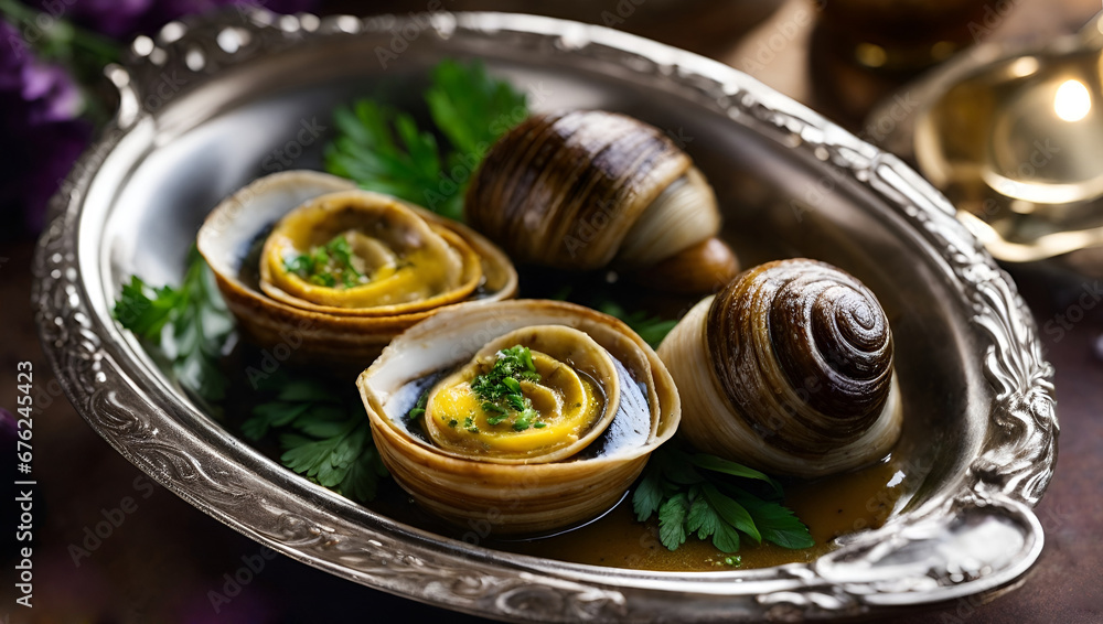 A delectable dish of escargot, carefully prepared French cuisine, the ...
