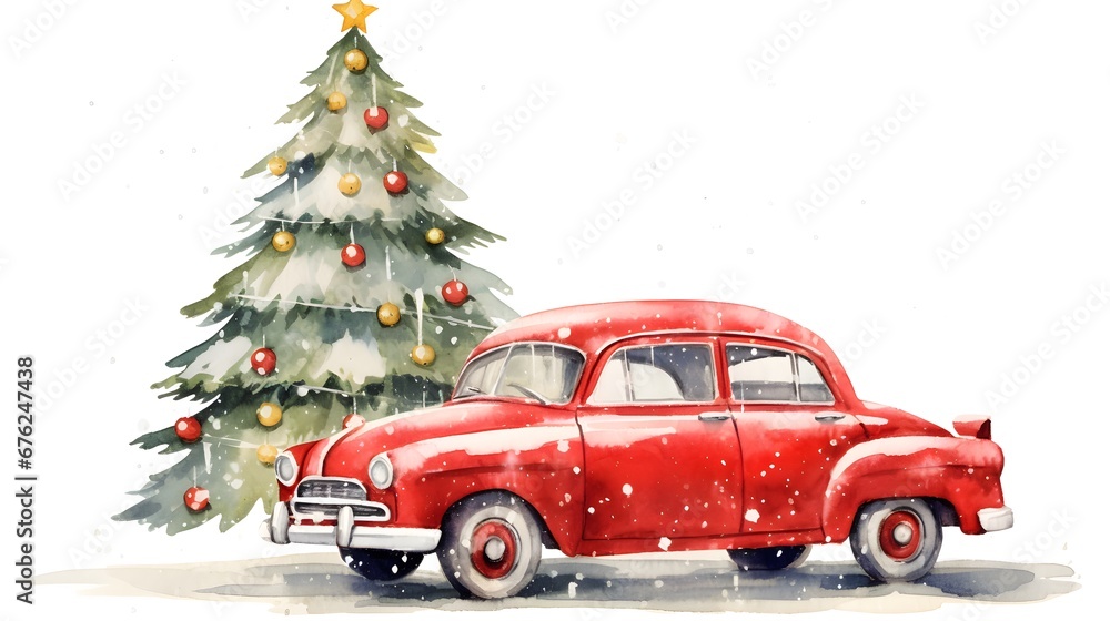Red retro car with a christmas tree in the trunk on the roof. Christmas ...