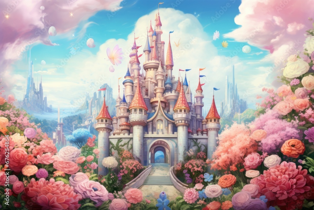 Stone bridge leads to imposing castle nestled amid lush flowerbeds ...