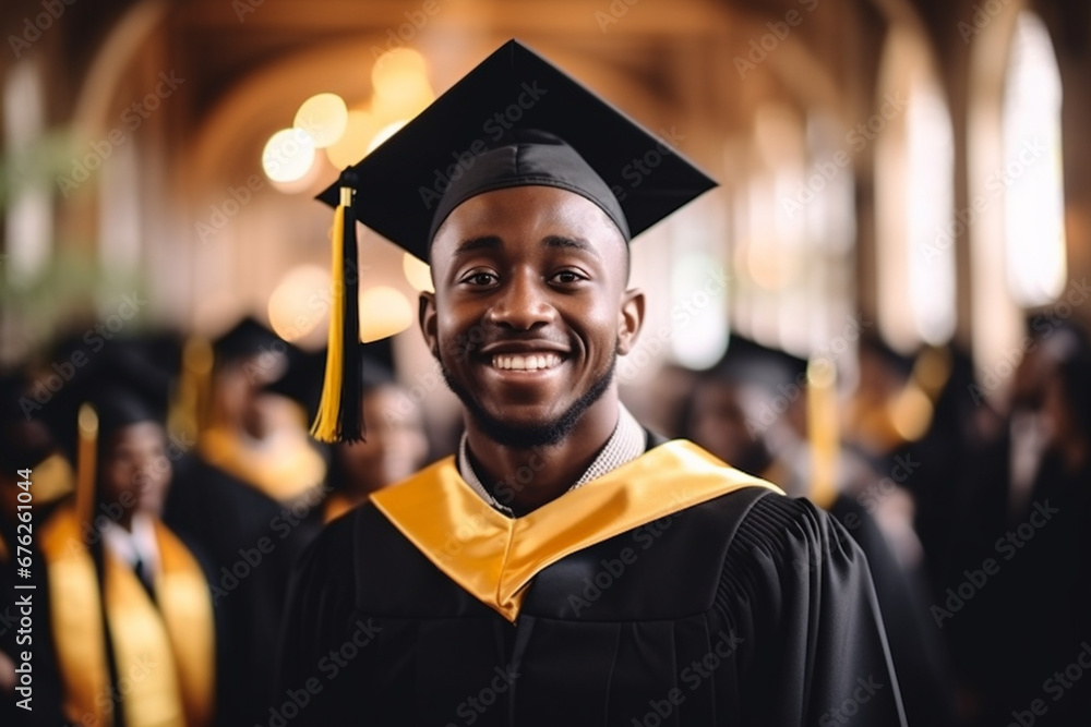 Portrait university student, black man and graduation celebration ...