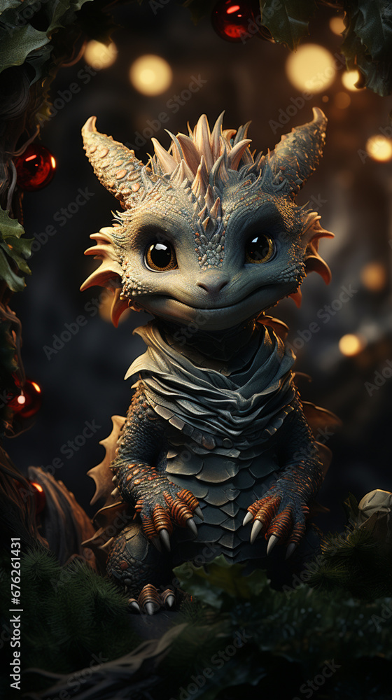 Cute dragon on a dark Christmas background, funny little full-length ...