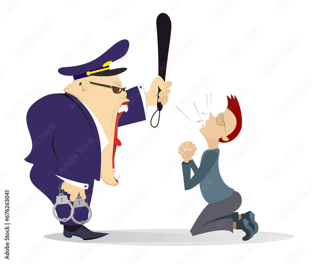 Shouting police officer. Kneeling man confessing in criminal ...