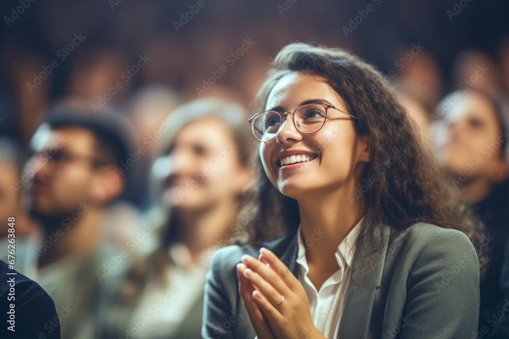 Young Female Sitting in a Crowded Audience at a Science Conference ...
