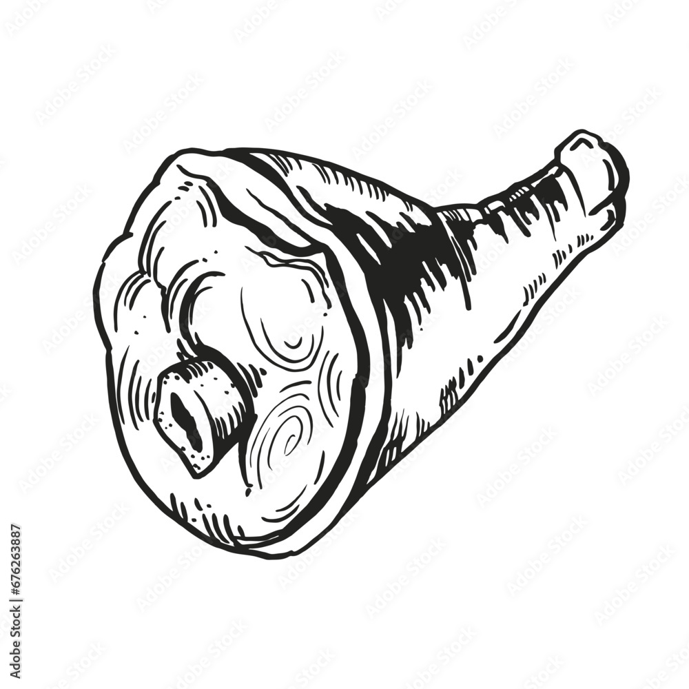 hand drawn vector food illustration, grilled baked meaty pork shank ...