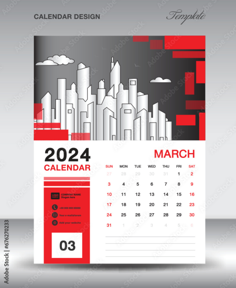 Calendar 2024 design template- March 2024 year layout, vertical ...