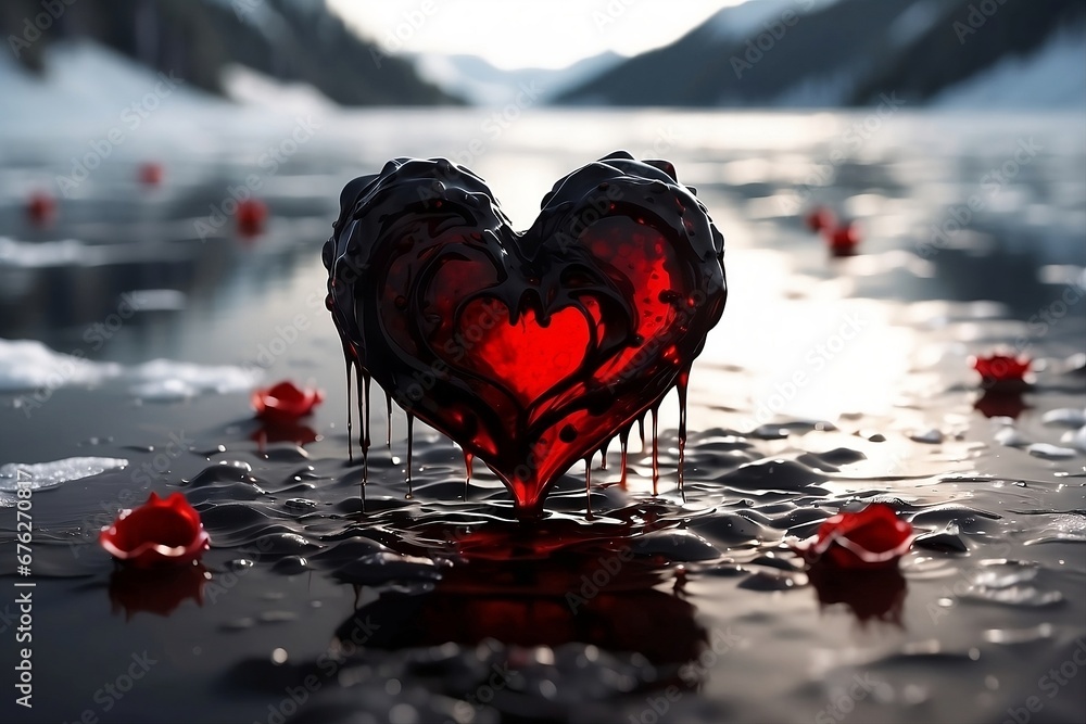 Symbolic Liquid Heartbreak - Dripping Blood on Frozen Lake, Sadness and ...