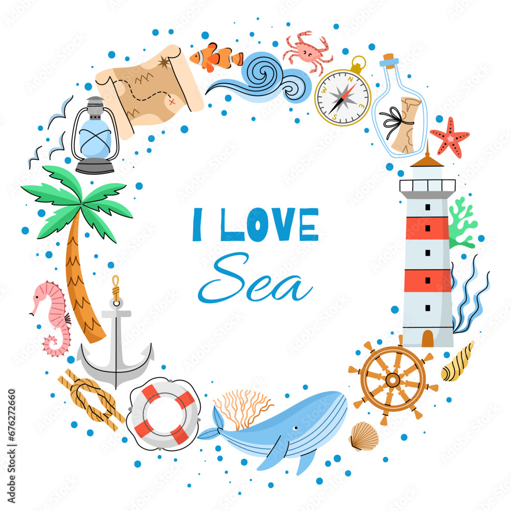Cute marine objects and animals frame. Underwater life, coastal ...