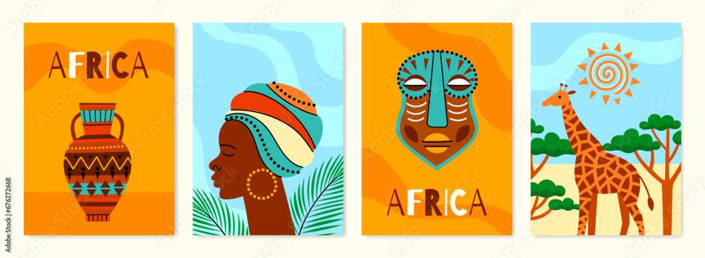 Decorative african elements posters. Traditional tribal objects, mask ...