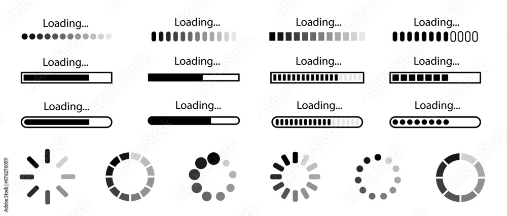 Loading bar icons. Set loading bar progress icon. Circle loader ...
