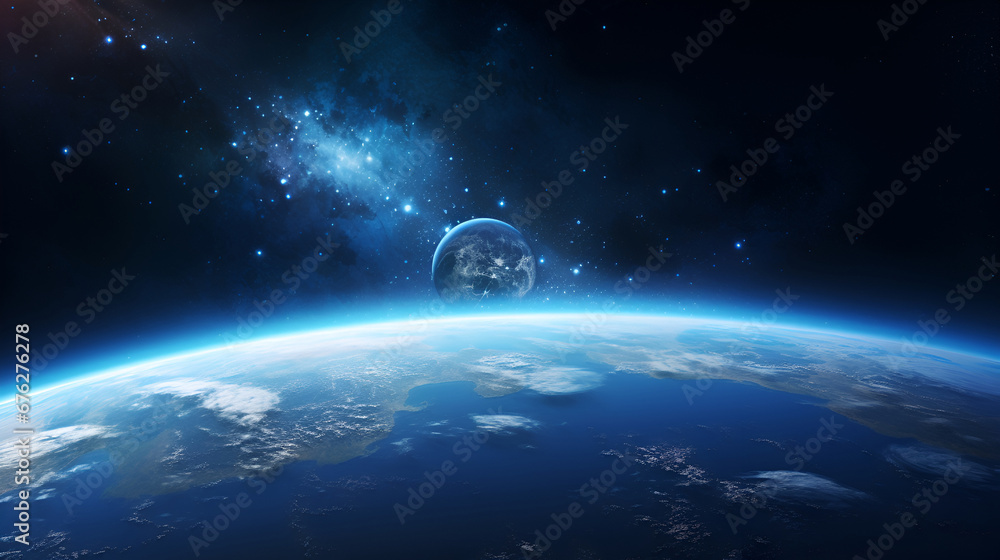 Close-up of the surface of planet Earth in deep space with the moon in ...