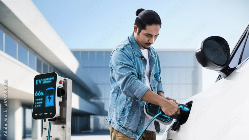 Man insert smart EV charger to electric car and recharging from EV ...