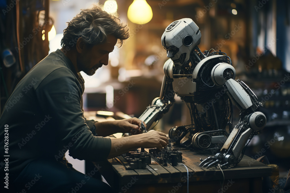 In a bustling repair shop, technicians exhibit their prowess, mending ...