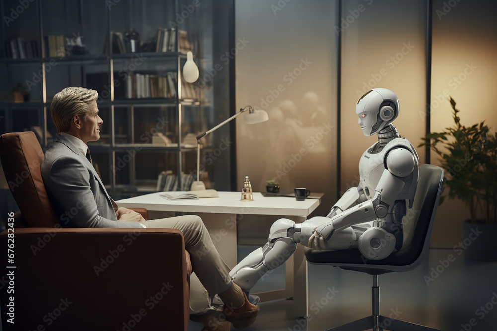 A calm office sees a robot therapist intently listening to a human's ...
