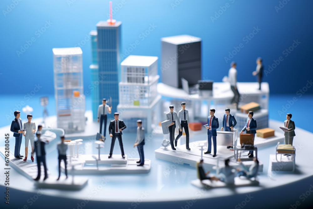 Tiny business figures engage in a focused meeting, showcasing teamwork ...