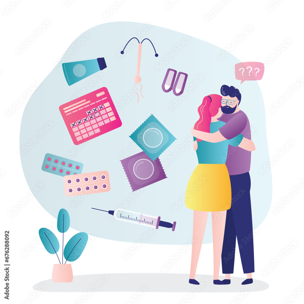 Love couple hugging. Man and woman are thinking about contraception ...