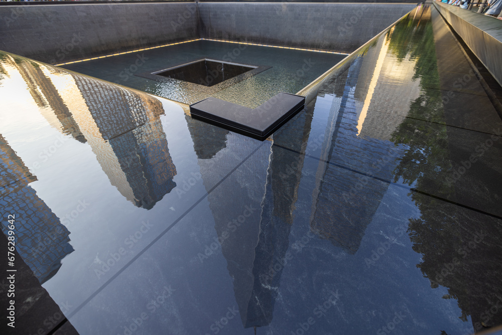New York, NY, United States - July 25, 2023: Close-up of the North Pool ...
