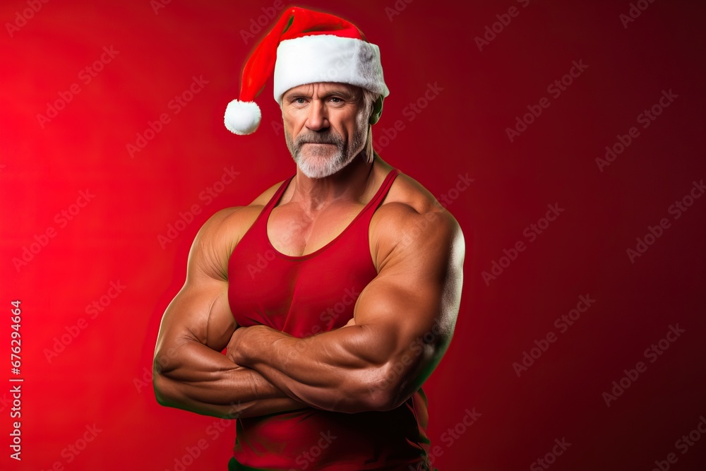 Muscular body builder Father Santa Claus on red background showing his ...
