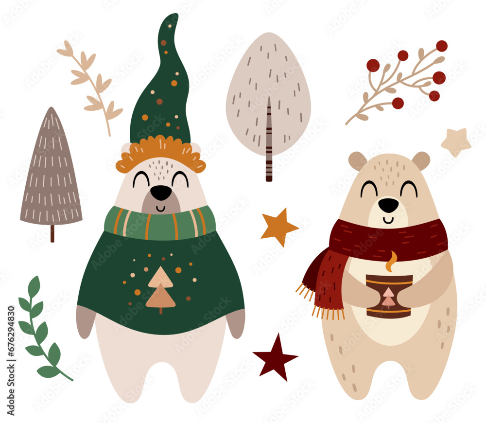 Christmas bear clipart in cartoon flat style. Cute winter bears vector ...