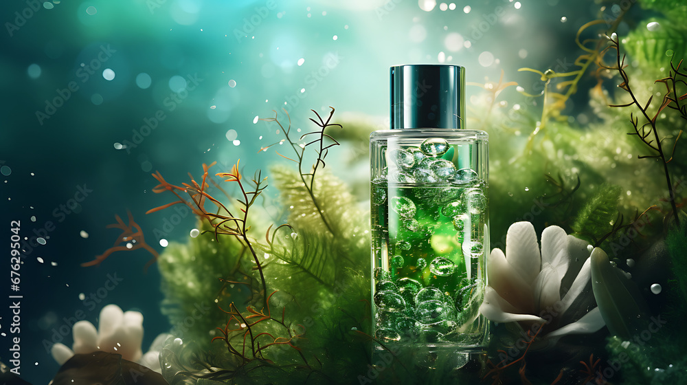 Collagen extract cosmetics of sea plants for product mockup. Algae ...