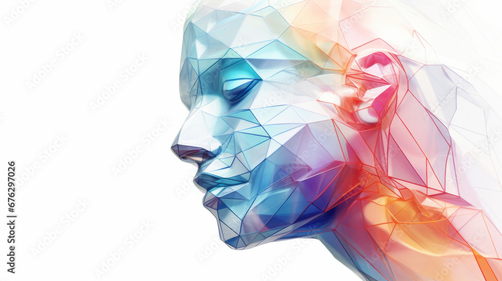 Poly, abstract, digital woman face on a white background for design, 3D ...