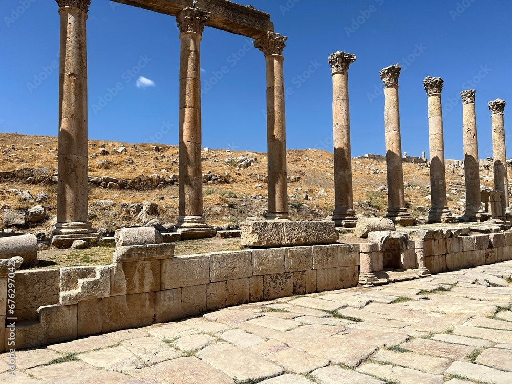 Roman Columns Ruins of the ancient city of Jerash in Jordan in the ...