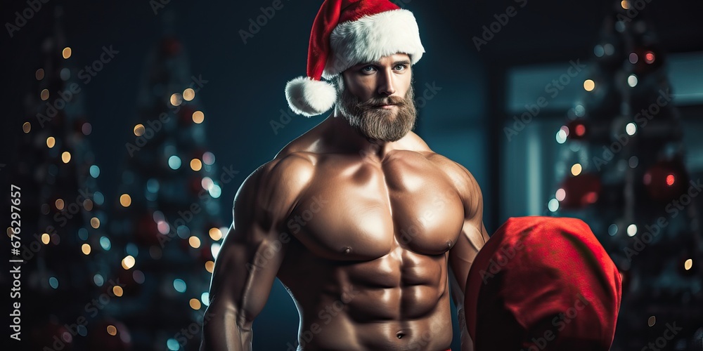 Muscular body builder Father Santa Claus on christmas decorated ...