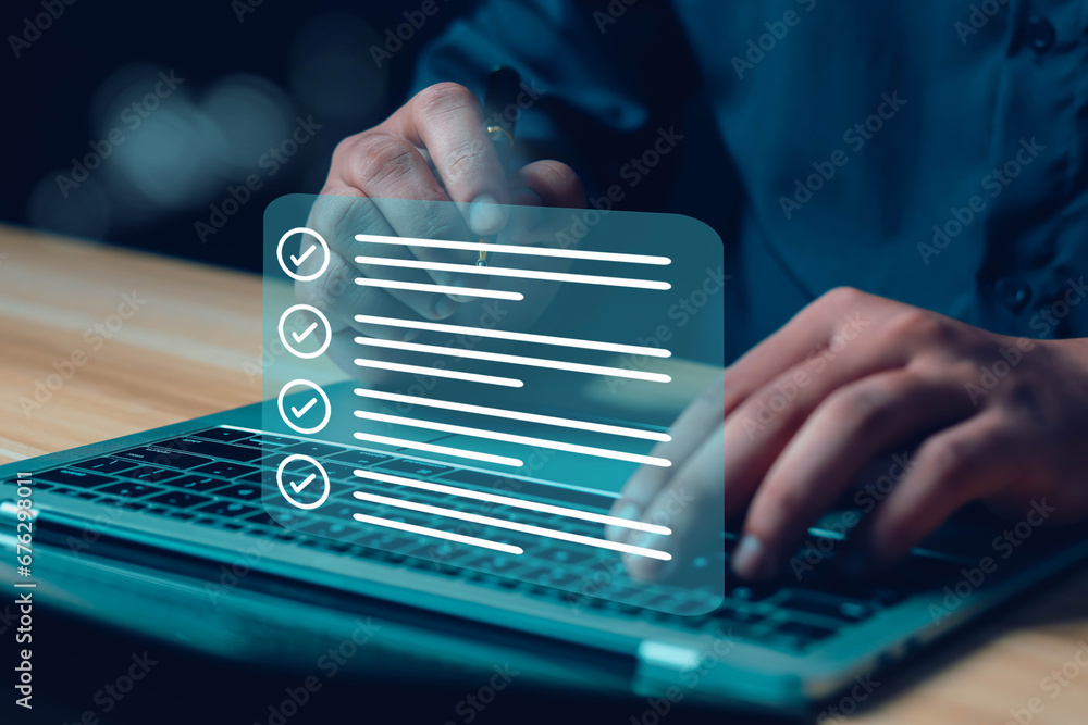 Businessman showing check mark summarizing job Compile lists, votes ...