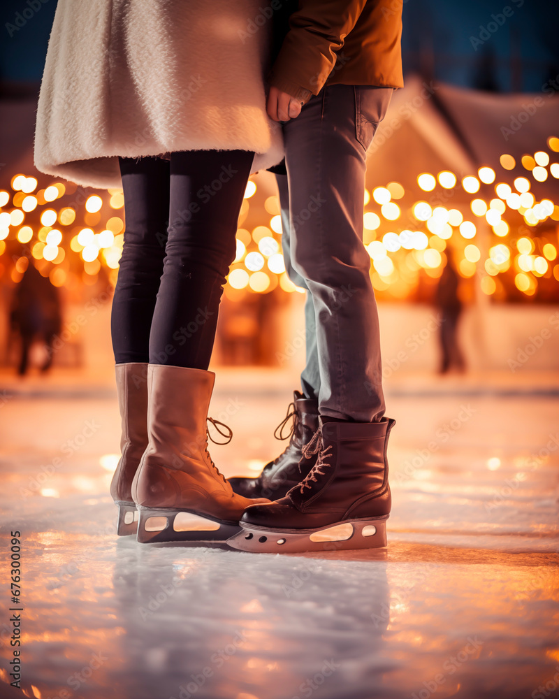 Couple on a date on an Ice Skating rink, standing toe to toe wearing ...