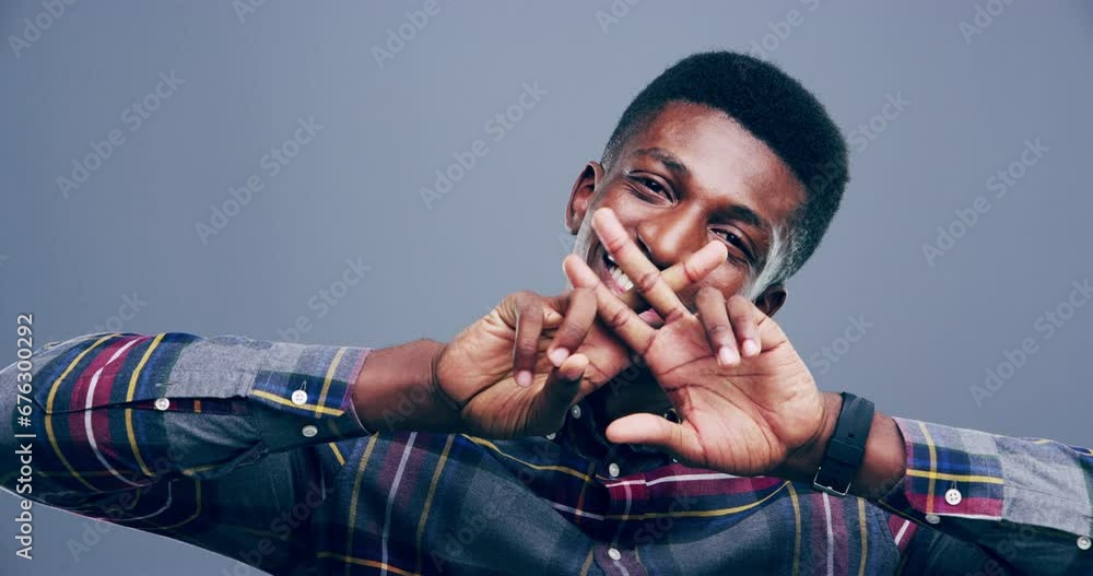 Face, peace or happy black man in studio isolated on grey background ...
