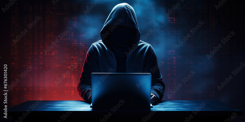 Cybernetic Enigma: Silhouetted Technomancer. Hacker with data flow behind in a dark room ...