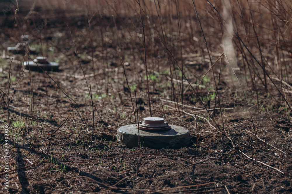 Mykolaiv region, Ukraine - 10 October 2023. Anti-tank mines in high ...