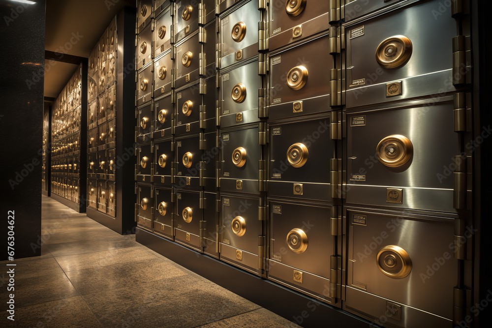 Rows of safety deposit boxes are securely stored inside a fortified ...